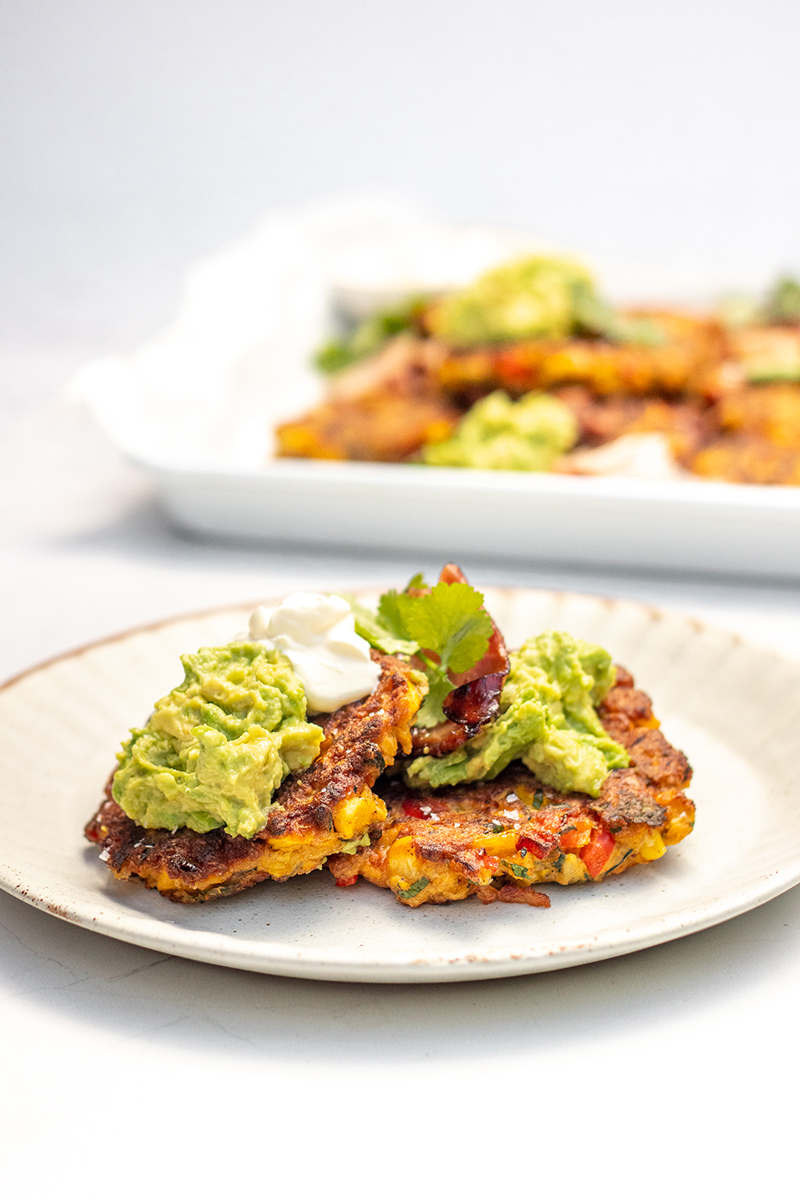 Corn Vegetable Fritters with Crispy Shaved Ham & Smashed Avo