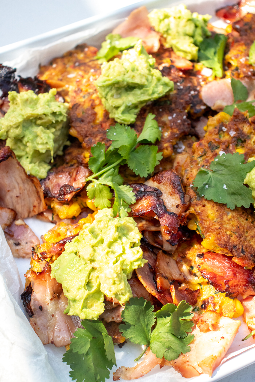 Corn Vegetable Fritters with Crispy Shaved Ham & Smashed Avo